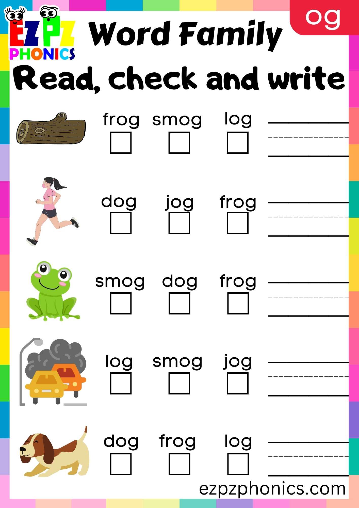 OG Words Read, Check And Write Phonics Word Families Worksheet - ezpzphonics.com